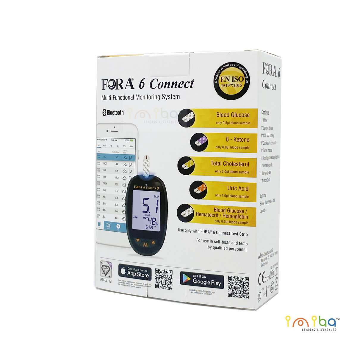 福爾 | FORA 6 Connect 藍牙無綫 福爾6合1 E世代測量儀 連採血筆 血糖尿酸血比容血紅蛋白血酮膽固醇測量儀 連 5款試紙 ...