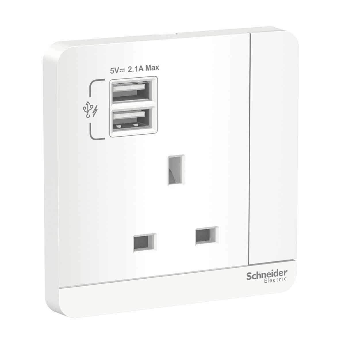 Schneider Electric | AvatarOn 13A 1 Gang Switched Socket with 2 Gang USB Charger Socket (White ...