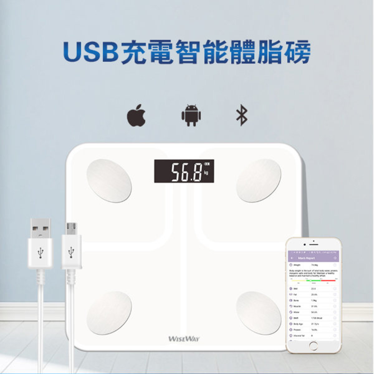 WISEWAY | USB Rechargeable Body Weight Scale Bluetooth Body Fat ...