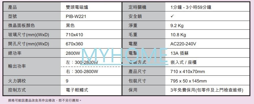 太平洋 | 單邊2800W PIB-W221 雙頭電磁爐 防乾燒偵測功能 Pacific 太平洋 PIBW221 2級能源效益標籤 | HKTVmall 香港最大網購平台