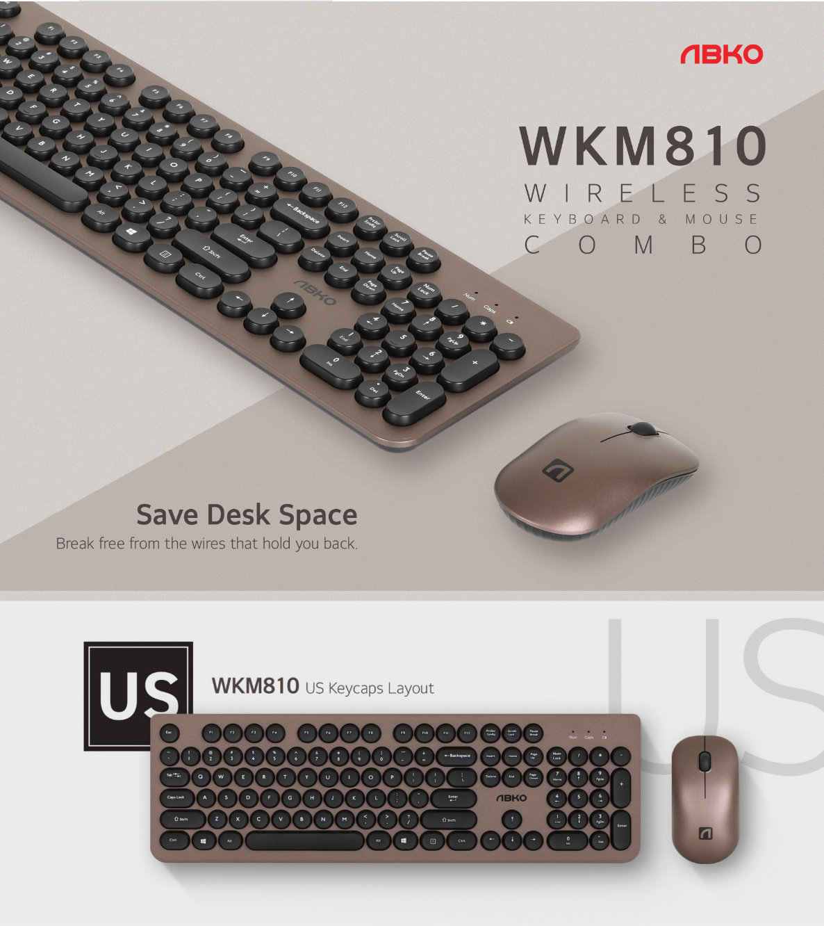 ABKO | 韓國 WKM810 復古銅色無線鍵盤及滑鼠套裝 2.4GHz Wireless Keyboard Mouse Combo Set | HKTVmall 香港最大網購平台