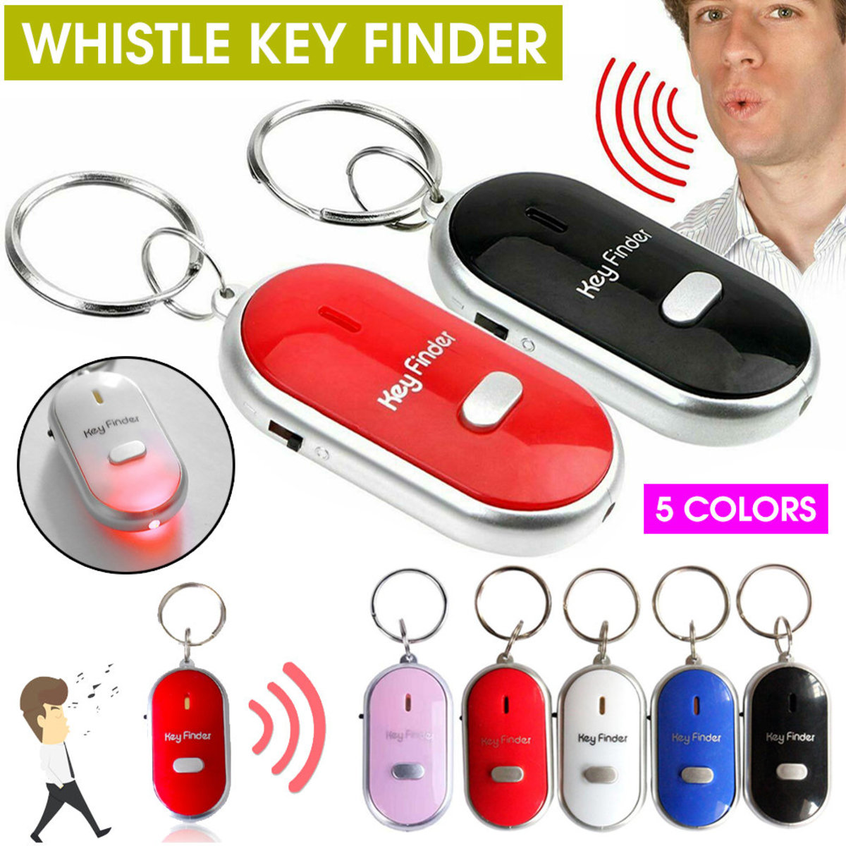 Tuenmall | White Whistle Key Finder Wireless Beep LED Locator Anti-Lost ...