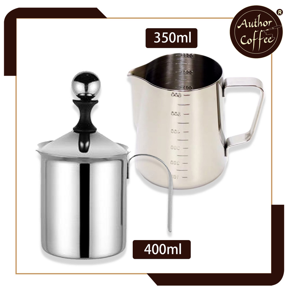 Author Coffee | 奶泡器（304不銹鋼400ML） & 手泵起泡壺（304不銹鋼300ML） | 顏色 : 銀色 | HKTVmall 香港最大網購平台