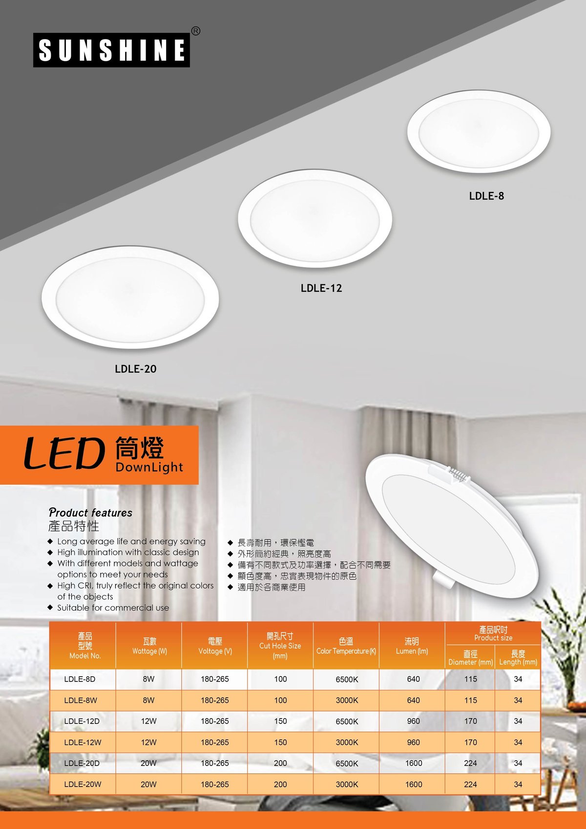 SUNSHINE 陽光照明 (LDLE-8) LED一體化超薄筒燈 8W 開窿直徑100毫米 白光 6500K | 友和 YOHO